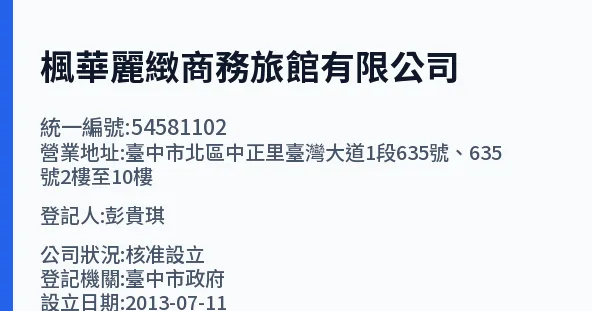 楓華麗緻商務旅館有限公司的照片-統編 54581102(臺中市) 公司登記資料與營業項目詳細圖表