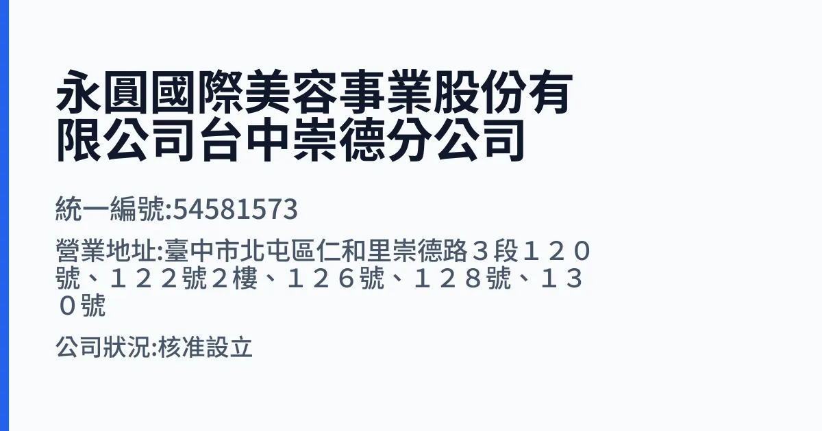 永圓國際美容事業股份有限公司台中崇德分公司 - 統編 54581573(臺中市) 公司登記資料與營業項目詳細圖表