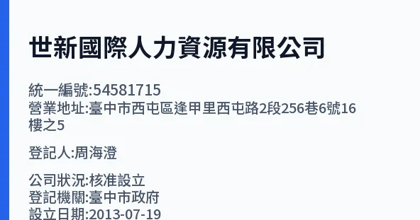 世新國際人力資源有限公司的照片-統編 54581715(臺中市) 公司登記資料與營業項目詳細圖表