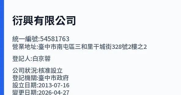 衍興有限公司的照片-統編 54581763(臺中市) 公司登記資料與營業項目詳細圖表
