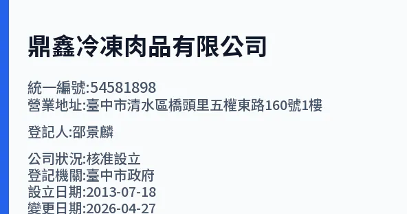 鼎鑫冷凍肉品有限公司的照片-統編 54581898(臺中市) 公司登記資料與營業項目詳細圖表