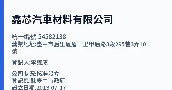 鑫芯汽車材料有限公司的照片-統編 54582138(臺中市) 公司登記資料與營業項目詳細圖表