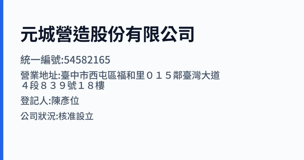 元城營造股份有限公司 - 統編 54582165(臺中市) 公司登記資料與營業項目詳細圖表