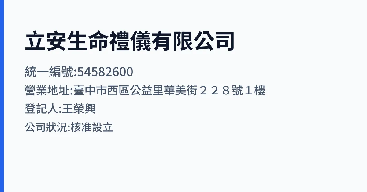 立安生命禮儀有限公司 - 統編 54582600(臺中市) 公司登記資料與營業項目詳細圖表
