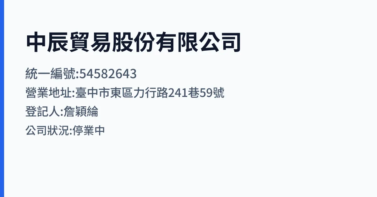 中辰貿易股份有限公司 - 統編 54582643(臺中市) 公司登記資料與營業項目詳細圖表