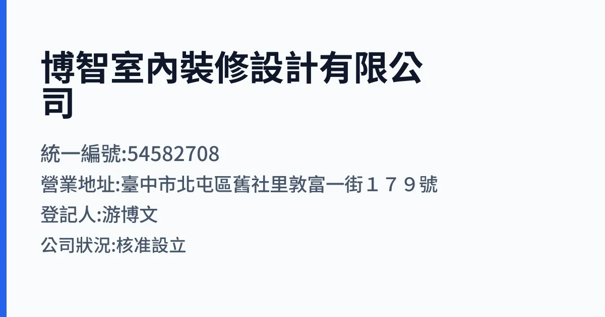 博智室內裝修設計有限公司 - 統編 54582708(臺中市) 公司登記資料與營業項目詳細圖表