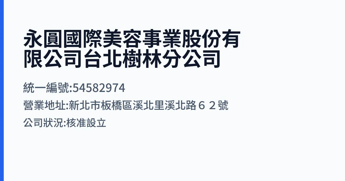 永圓國際美容事業股份有限公司台北樹林分公司 - 統編 54582974(新北市) 公司登記資料與營業項目詳細圖表