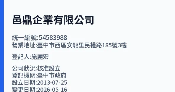 邑鼎企業有限公司的照片-統編 54583988(臺中市) 公司登記資料與營業項目詳細圖表