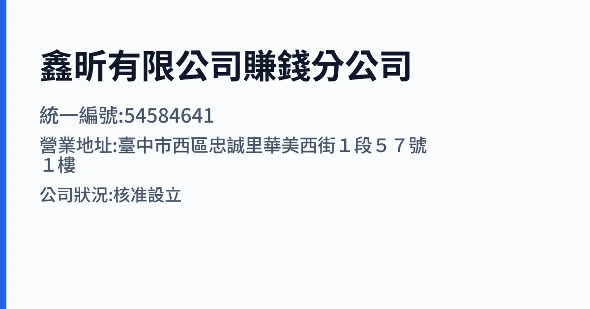 鑫昕有限公司賺錢分公司 - 統編 54584641(臺中市) 公司登記資料與營業項目詳細圖表