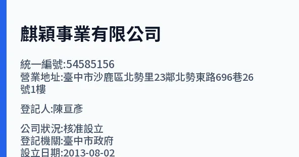 麒穎事業有限公司的照片-統編 54585156(臺中市) 公司登記資料與營業項目詳細圖表