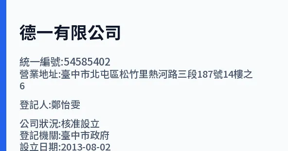 德一有限公司的照片-統編 54585402(臺中市) 公司登記資料與營業項目詳細圖表