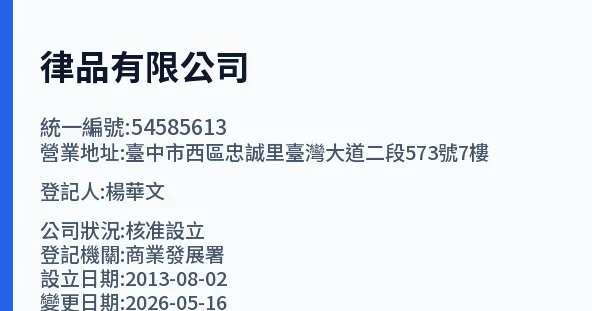 律品有限公司的照片-統編 54585613(臺中市) 公司登記資料與營業項目詳細圖表