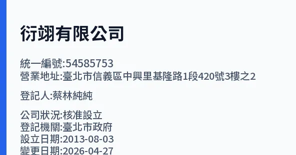 衍翊有限公司的照片-統編 54585753(臺北市) 公司登記資料與營業項目詳細圖表