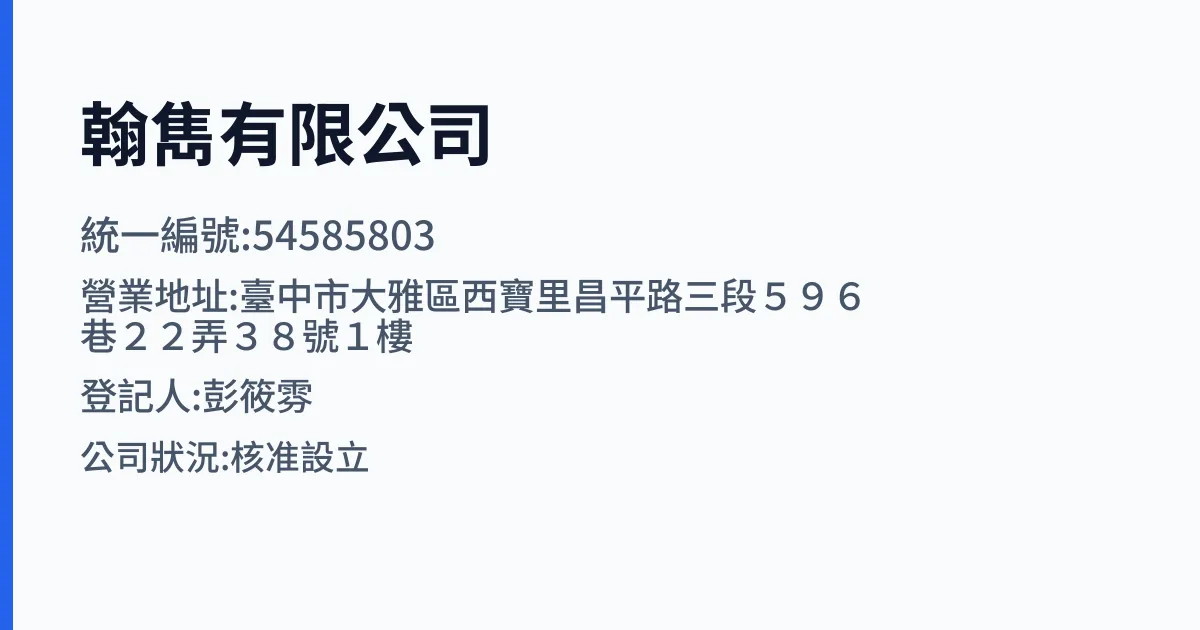 翰雋有限公司 - 統編 54585803(臺中市) 公司登記資料與營業項目詳細圖表
