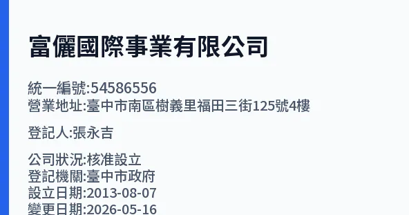 富儷國際事業有限公司的照片-統編 54586556(臺中市) 公司登記資料與營業項目詳細圖表