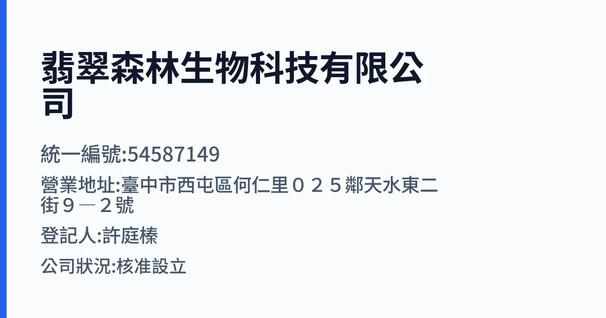 翡翠森林生物科技有限公司 - 統編 54587149(臺中市) 公司登記資料與營業項目詳細圖表