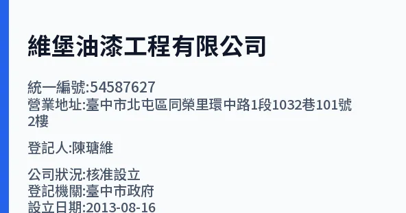 維堡油漆工程有限公司的照片-統編 54587627(臺中市) 公司登記資料與營業項目詳細圖表