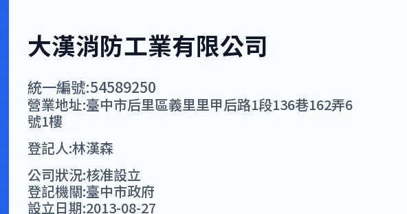 大漢消防工業有限公司的照片-統編 54589250(臺中市) 公司登記資料與營業項目詳細圖表