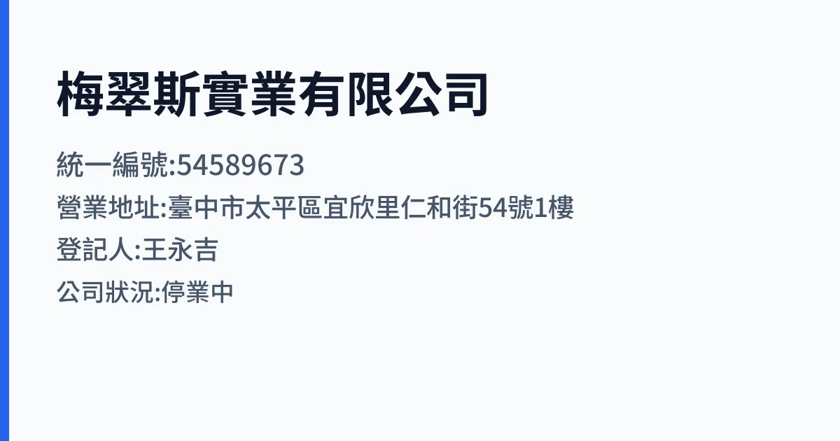 梅翠斯實業有限公司 - 統編 54589673(臺中市) 公司登記資料與營業項目詳細圖表