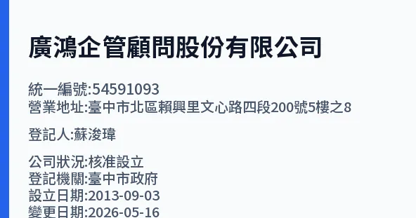 廣鴻企管顧問股份有限公司的照片-統編 54591093(臺中市) 公司登記資料與營業項目詳細圖表
