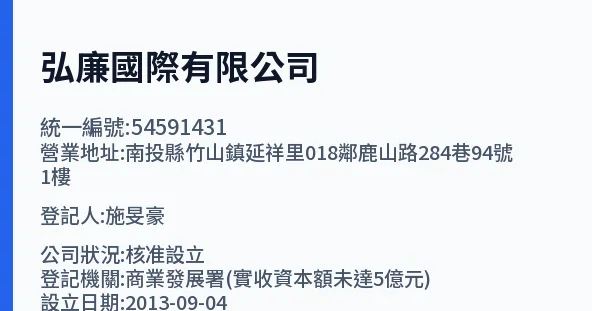 弘廉國際有限公司的照片-統編 54591431(南投縣) 公司登記資料與營業項目詳細圖表