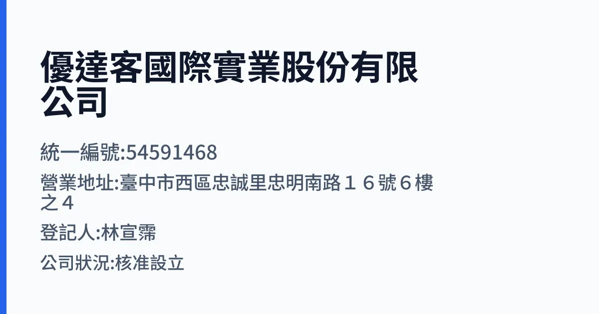 優達客國際實業股份有限公司 - 統編 54591468(臺中市) 公司登記資料與營業項目詳細圖表