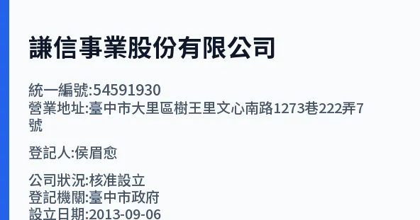 謙信事業股份有限公司的照片-統編 54591930(臺中市) 公司登記資料與營業項目詳細圖表