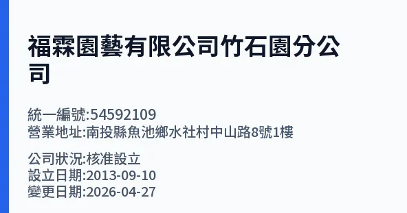 福霖園藝有限公司竹石園分公司的照片-統編 54592109(南投縣) 公司登記資料與營業項目詳細圖表