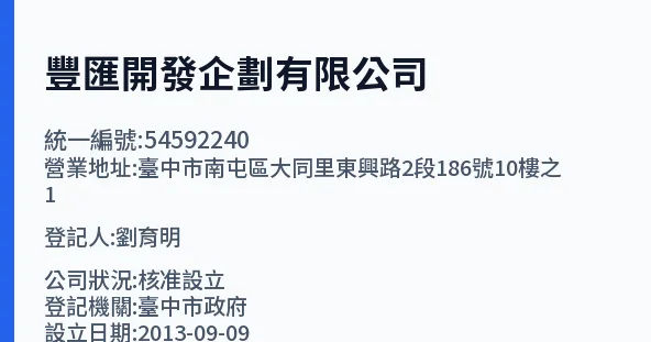 豐匯開發企劃有限公司的照片-統編 54592240(臺中市) 公司登記資料與營業項目詳細圖表