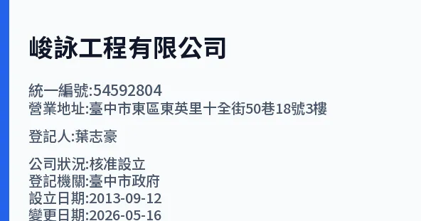 峻詠工程有限公司的照片-統編 54592804(臺中市) 公司登記資料與營業項目詳細圖表