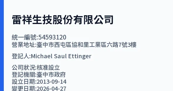 雷祥生技股份有限公司的照片-統編 54593120(臺中市) 公司登記資料與營業項目詳細圖表