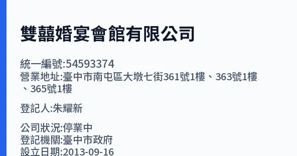 雙囍婚宴會館有限公司的照片-統編 54593374(臺中市) 公司登記資料與營業項目詳細圖表