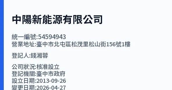 中陽新能源有限公司的照片-統編 54594943(臺中市) 公司登記資料與營業項目詳細圖表