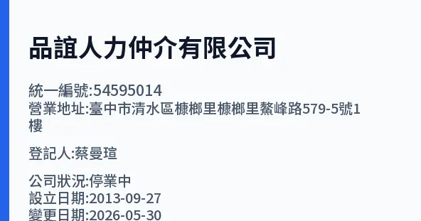 品誼人力仲介有限公司的照片-統編 54595014(臺中市) 公司登記資料與營業項目詳細圖表