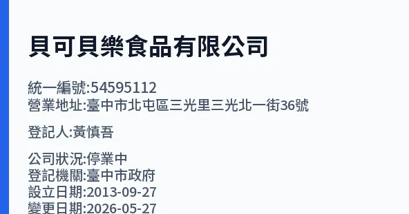 貝可貝樂食品有限公司的照片-統編 54595112(臺中市) 公司登記資料與營業項目詳細圖表