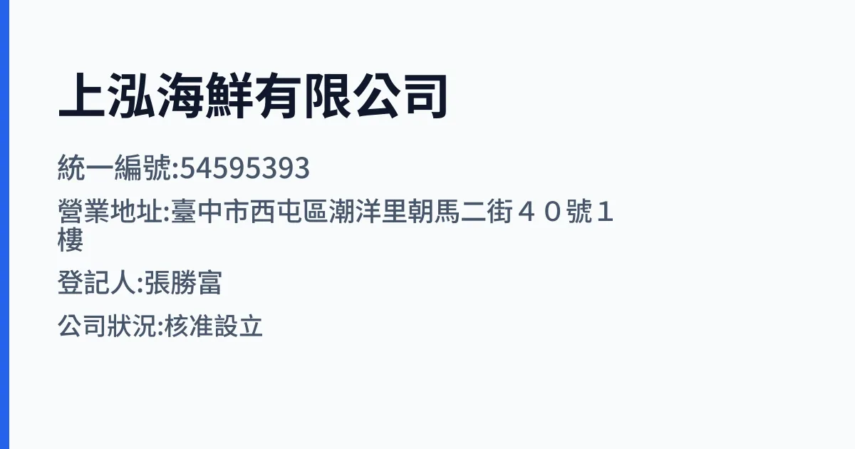 上泓海鮮有限公司 - 統編 54595393(臺中市) 公司登記資料與營業項目詳細圖表