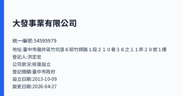 大發事業有限公司的照片-統編 54595979(臺中市) 公司登記資料與營業項目詳細圖表