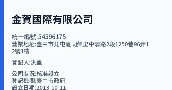 金賀國際有限公司的照片-統編 54596175(臺中市) 公司登記資料與營業項目詳細圖表