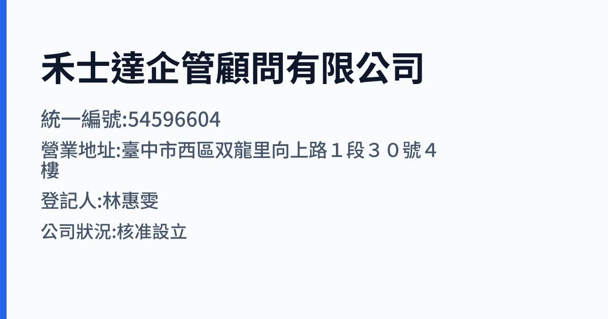 禾士達企管顧問有限公司 - 統編 54596604(臺中市) 公司登記資料與營業項目詳細圖表