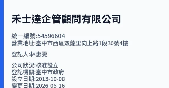 禾士達企管顧問有限公司的照片-統編 54596604(臺中市) 公司登記資料與營業項目詳細圖表