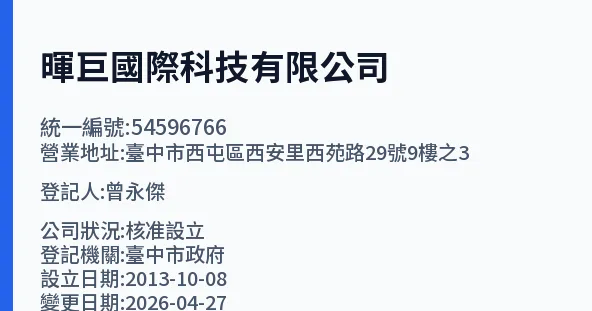 暉巨國際科技有限公司的照片-統編 54596766(臺中市) 公司登記資料與營業項目詳細圖表
