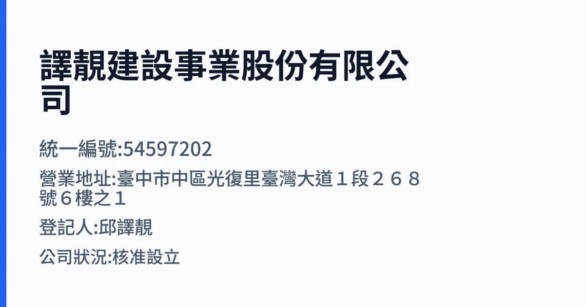 譯靚建設事業股份有限公司 - 統編 54597202(臺中市) 公司登記資料與營業項目詳細圖表