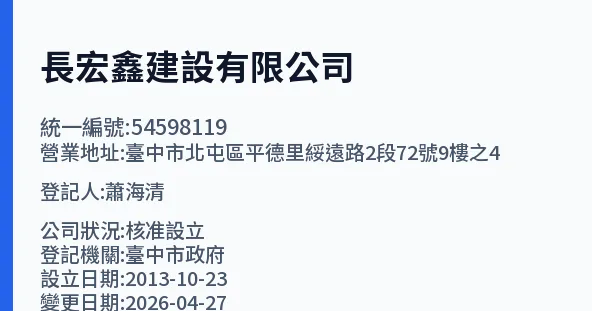 長宏鑫建設有限公司的照片-統編 54598119(臺中市) 公司登記資料與營業項目詳細圖表