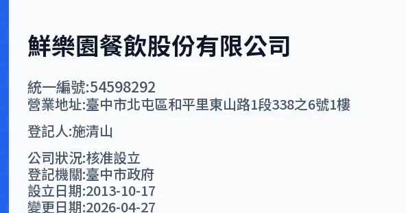 鮮樂園餐飲股份有限公司的照片-統編 54598292(臺中市) 公司登記資料與營業項目詳細圖表