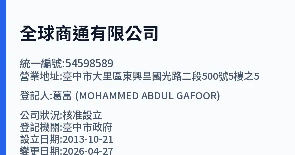 全球商通有限公司的照片-統編 54598589(臺中市) 公司登記資料與營業項目詳細圖表