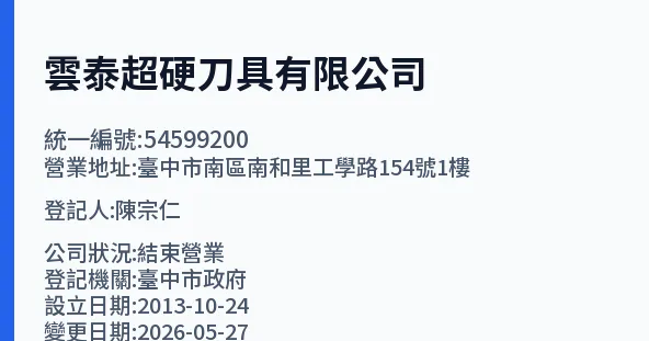 雲泰超硬刀具有限公司的照片-統編 54599200(臺中市) 公司登記資料與營業項目詳細圖表