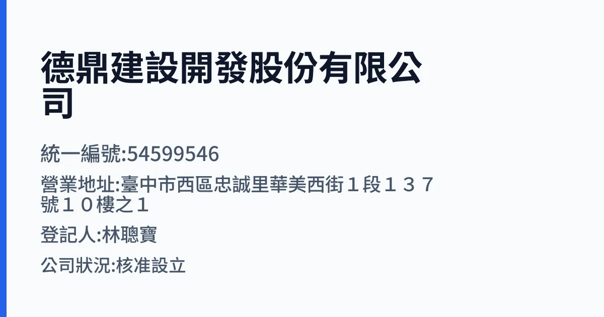 德鼎建設開發股份有限公司 - 統編 54599546(臺中市) 公司登記資料與營業項目詳細圖表