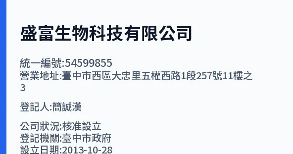 盛富生物科技有限公司的照片-統編 54599855(臺中市) 公司登記資料與營業項目詳細圖表