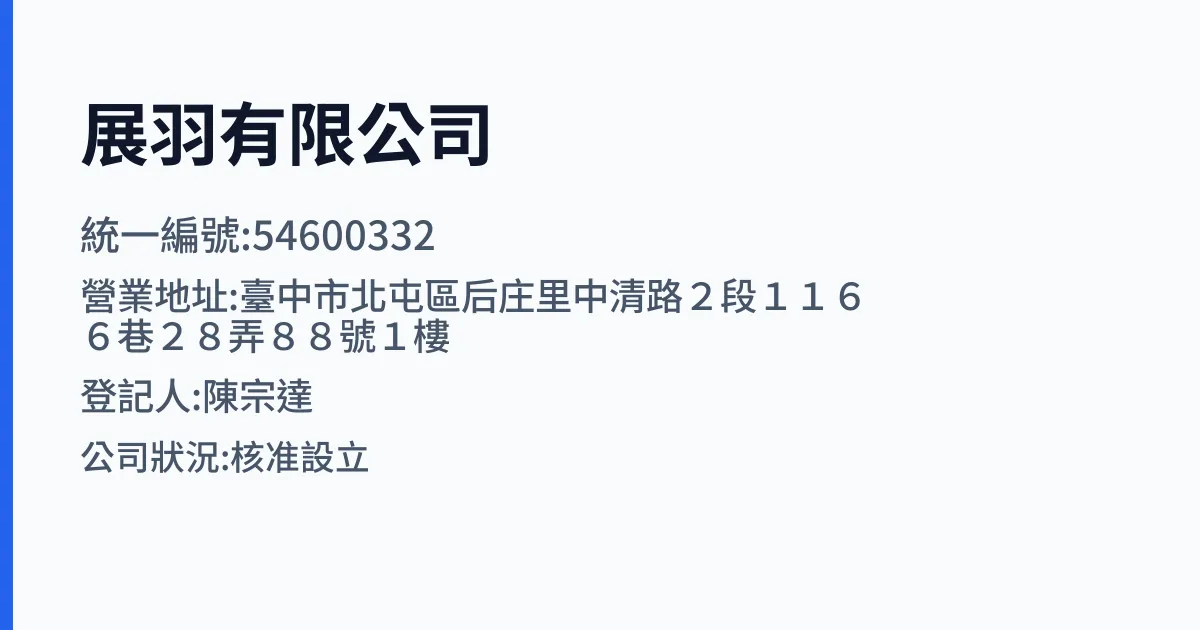 展羽有限公司 - 統編 54600332(臺中市) 公司登記資料與營業項目詳細圖表