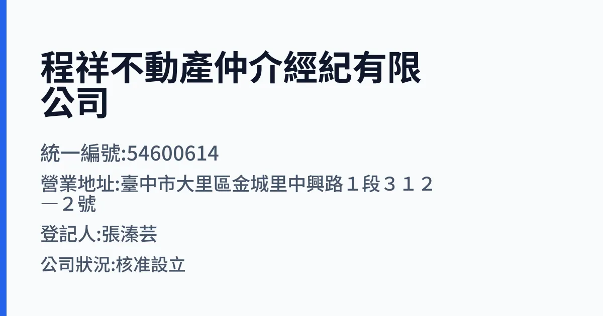 程祥不動產仲介經紀有限公司 - 統編 54600614(臺中市) 公司登記資料與營業項目詳細圖表